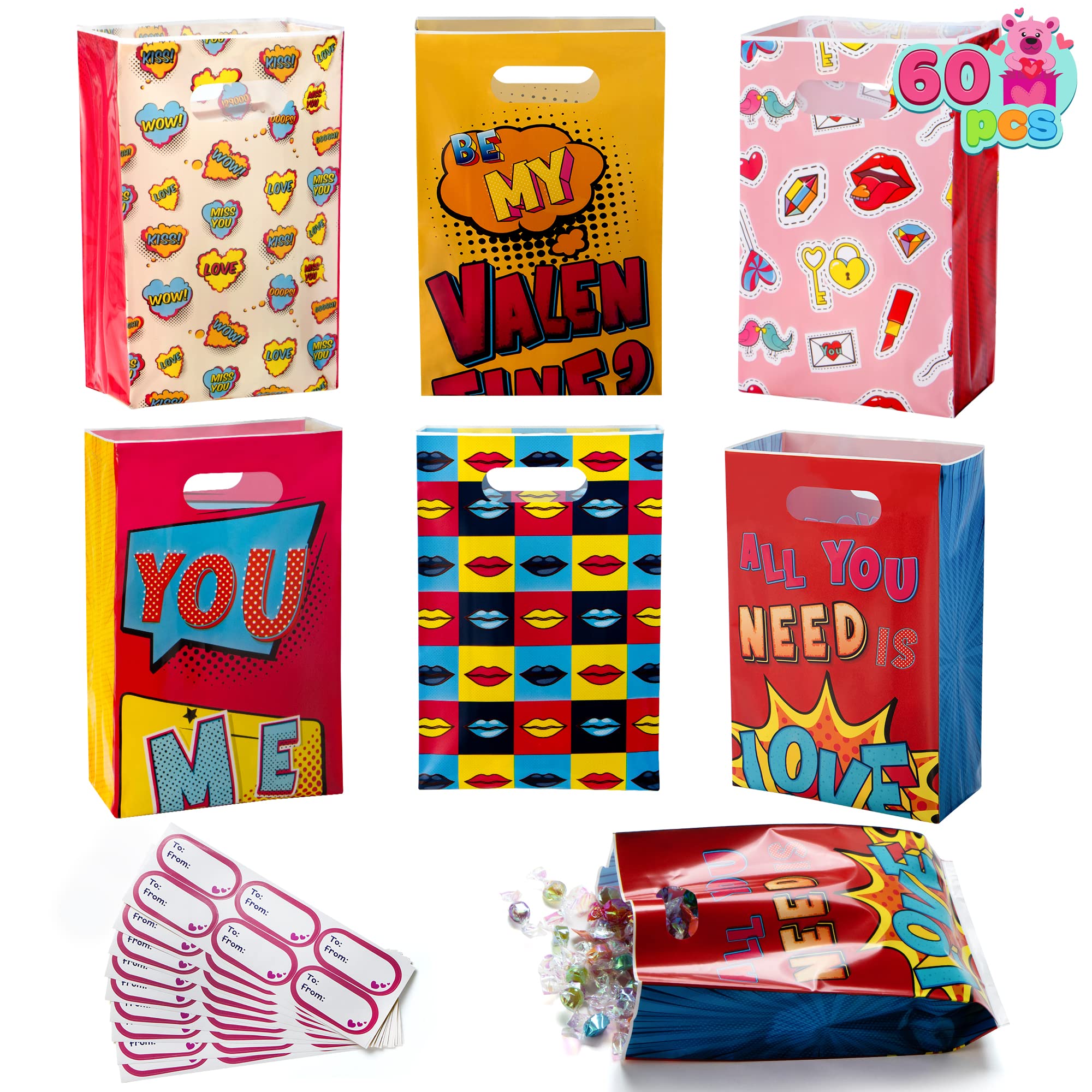 JOYIN 60 Pcs Valentine’s Day Plastic Gift Bag Treat Bags, Plastic Candy Bags for Kids Valentine Party Favor, Goodie Bags for Classroom Gift Exchange Prizes and Gift Giving Party Supplies