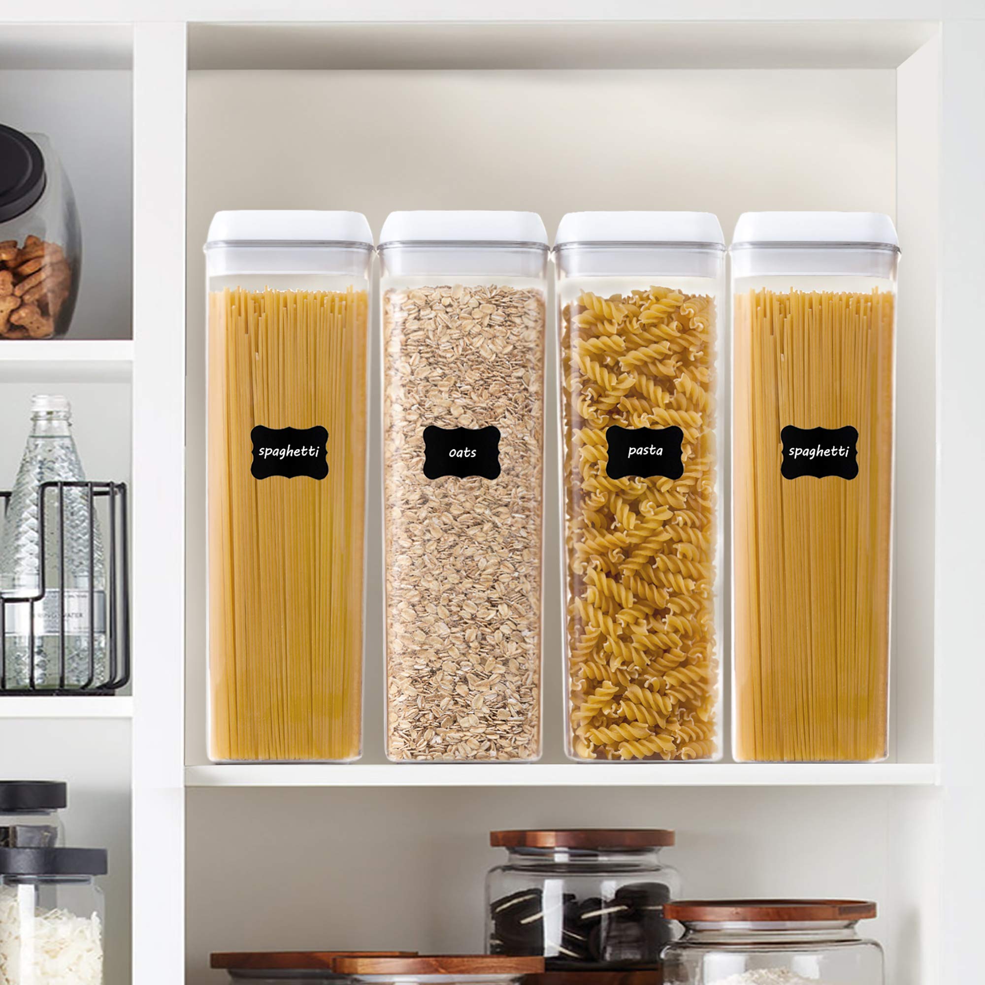 Airtight Food Storage Containers, Vtopmart 4 Pieces BPA Free Plastic Spaghetti Containers with Easy Lock Lids, for Kitchen Pantry Organization and Storage, Include 24 Labels