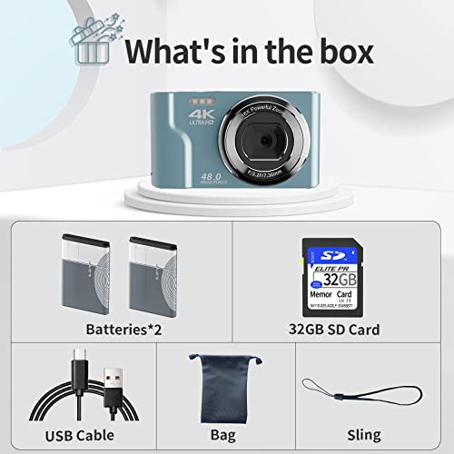 Saneen Digital Camera, 4K Kids Camera with 32GB SD Card and 2 Rechargeable Batteries, 48MP & 16X Digital Zoom Compact Point and Shoot Photography Cameras for Kids, Beginners, Elder - Blue