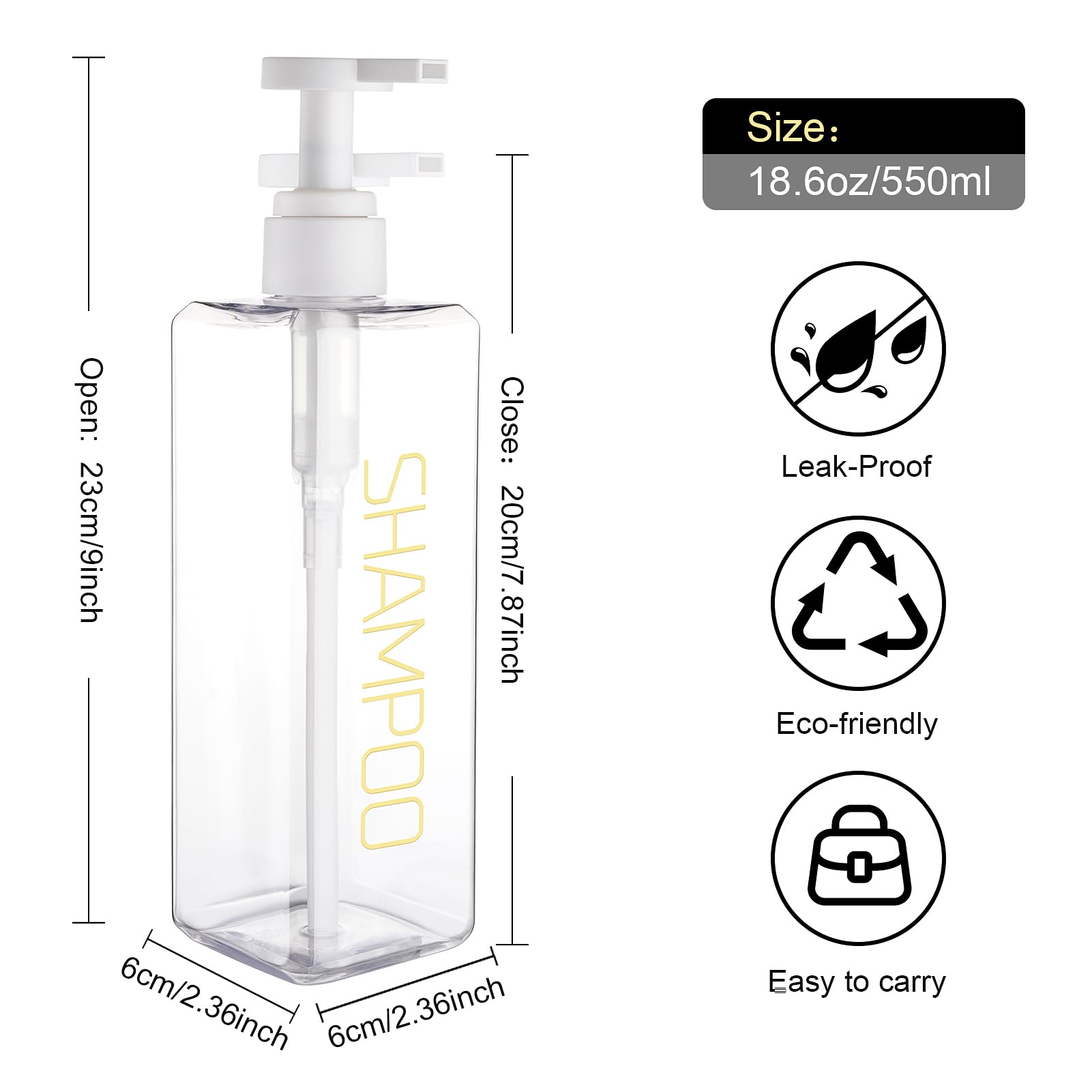 Shampoo and Conditioner Dispenser Shower Soap Bottles 3 Pack 550ml/18.6oz Refillable Shampoo Pump Bottle Dispenser Plastic Empty Body Wash Dispensers with Stylish Permanent Labels for Bathroom (Clear)