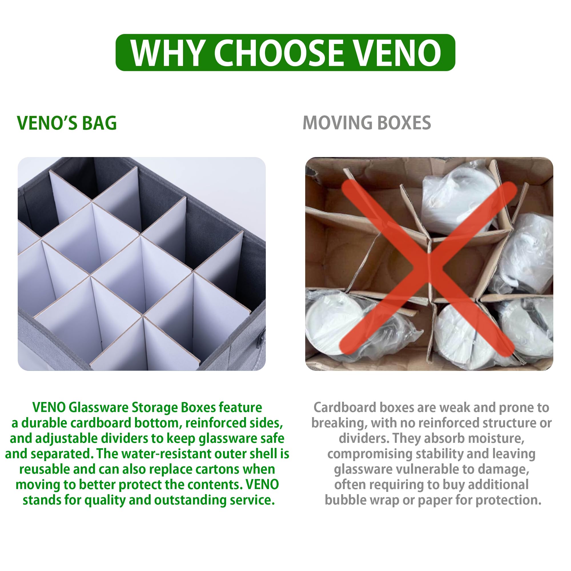 VENO 2 Pack Champagne Flutes Storage Box w/ Lid, Handles, Stemware Transport and Protection, China Storage Containers, Glassware Moving Boxes, Packing Supplies, Cardboard Dividers for 12 Glasses (Champagne Flute β set of 2)