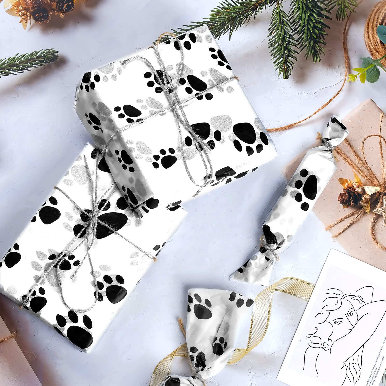 Kavoc 60 Sheets 20 x 20 Inch Dog Paw Print Tissue Paper Puppy Paws Gift Wrap Tissue for Gift Bags Wrapping Paper Rustic Art Holiday Wrapping Paper for DIY Crafts