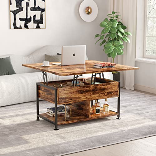 cosimates Lift Top Coffee Table ,4 in 1 Multi-Function Coffee Table with Hidden Compartment ,Modern Lift Tabletop Dining Table for Living Room Reception/Home Office, Rustic Brown