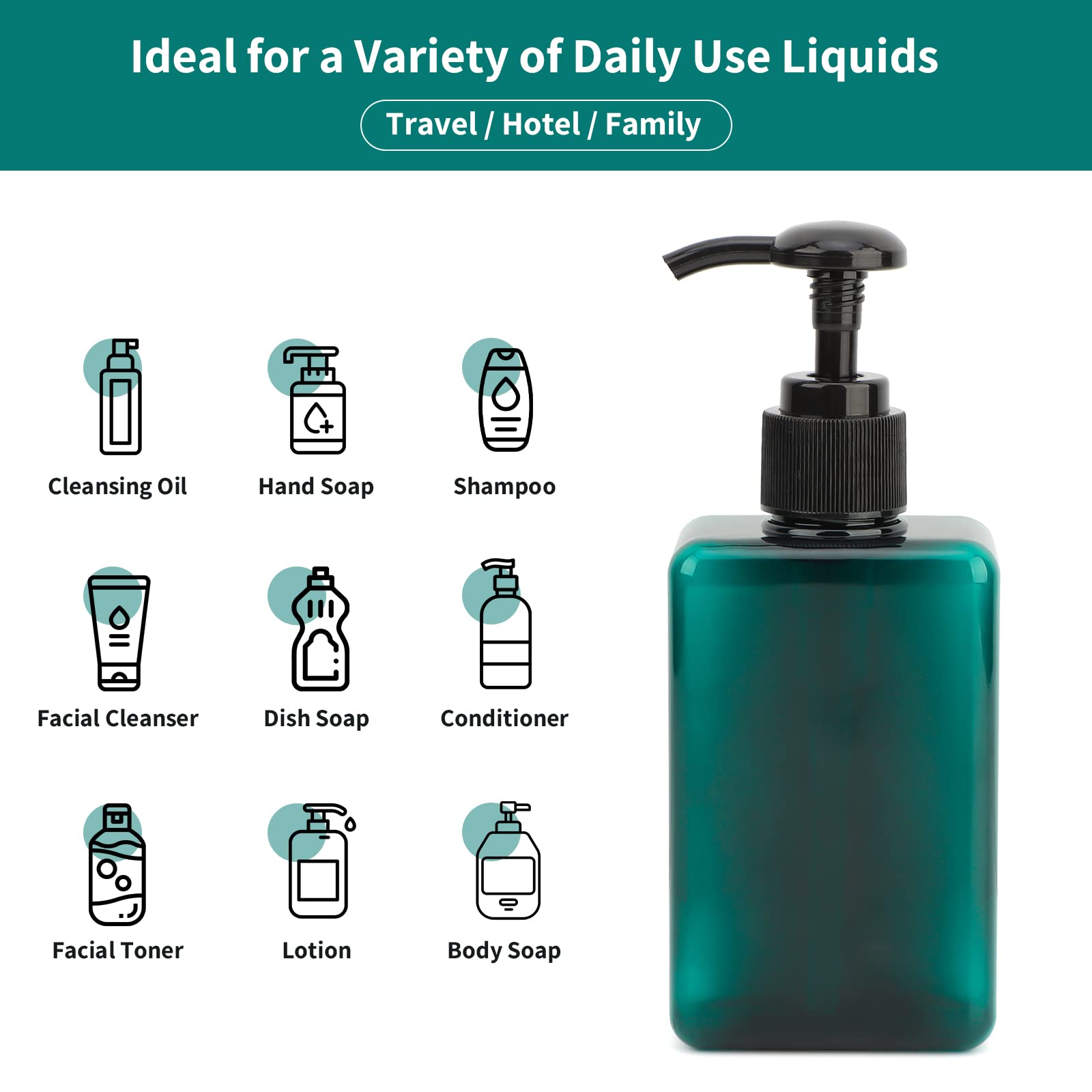 Segbeauty Refillable Soap Dispenser, 4 Pack 6.8oz Plastic Square Press Pump Bottles, 200ml Empty Travel Containers Lotion Cosmetic Bottle Set for Hand Wash Shampoo Conditioner Shower Gel Essential Oil