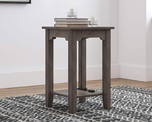 Signature Design by Ashley Arlenbry Farmhouse Square Chair Side End Table with Lower Fixed Shelf and USB Charging Port, Brown with Weathered Oak Finish