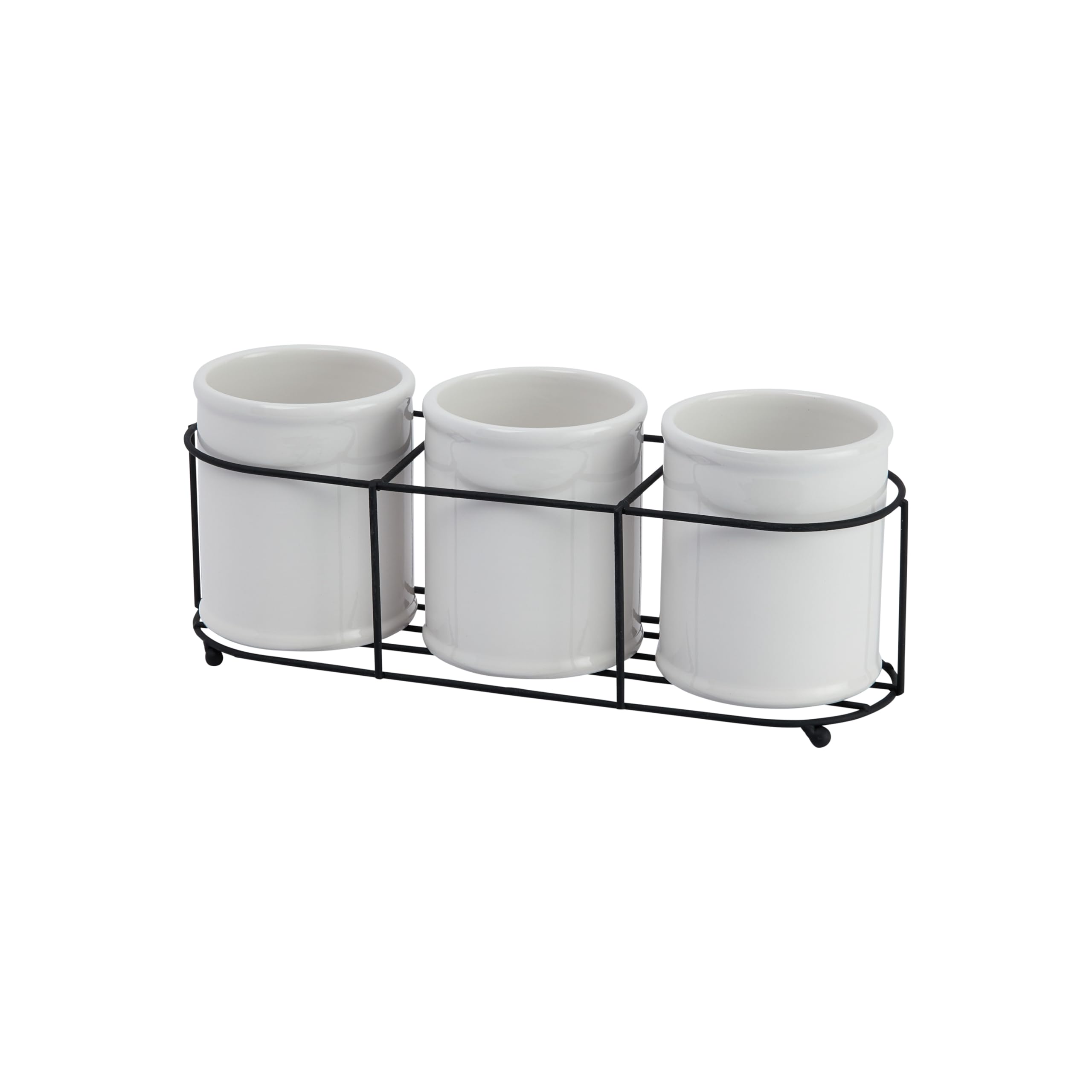 Creative Co-Op Farmhouse Ceramic Crocks in Metal Holder, White and Black