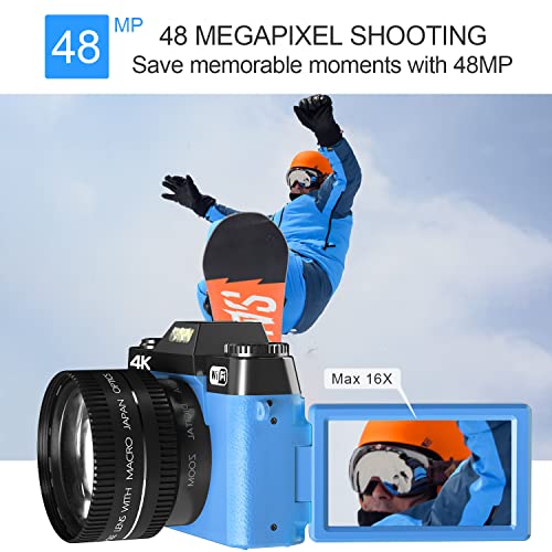 Digital Camera for Photography VJIANGER 4K 48MP Vlogging Camera for YouTube with WiFi, 16X Digital Zoom, 52mm Wide Angle & Macro Lens, 2 Batteries, 32GB TF Card(YL24-Blue)