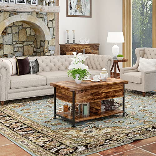 cosimates Lift Top Coffee Table ,4 in 1 Multi-Function Coffee Table with Hidden Compartment ,Modern Lift Tabletop Dining Table for Living Room Reception/Home Office, Rustic Brown