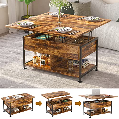 cosimates Lift Top Coffee Table ļ¼4 in 1 Multi-Function Coffee Table with Hidden Compartment ļ¼Modern Lift Tabletop Dining Table for Living Room Reception/Home Office, Rustic Brown