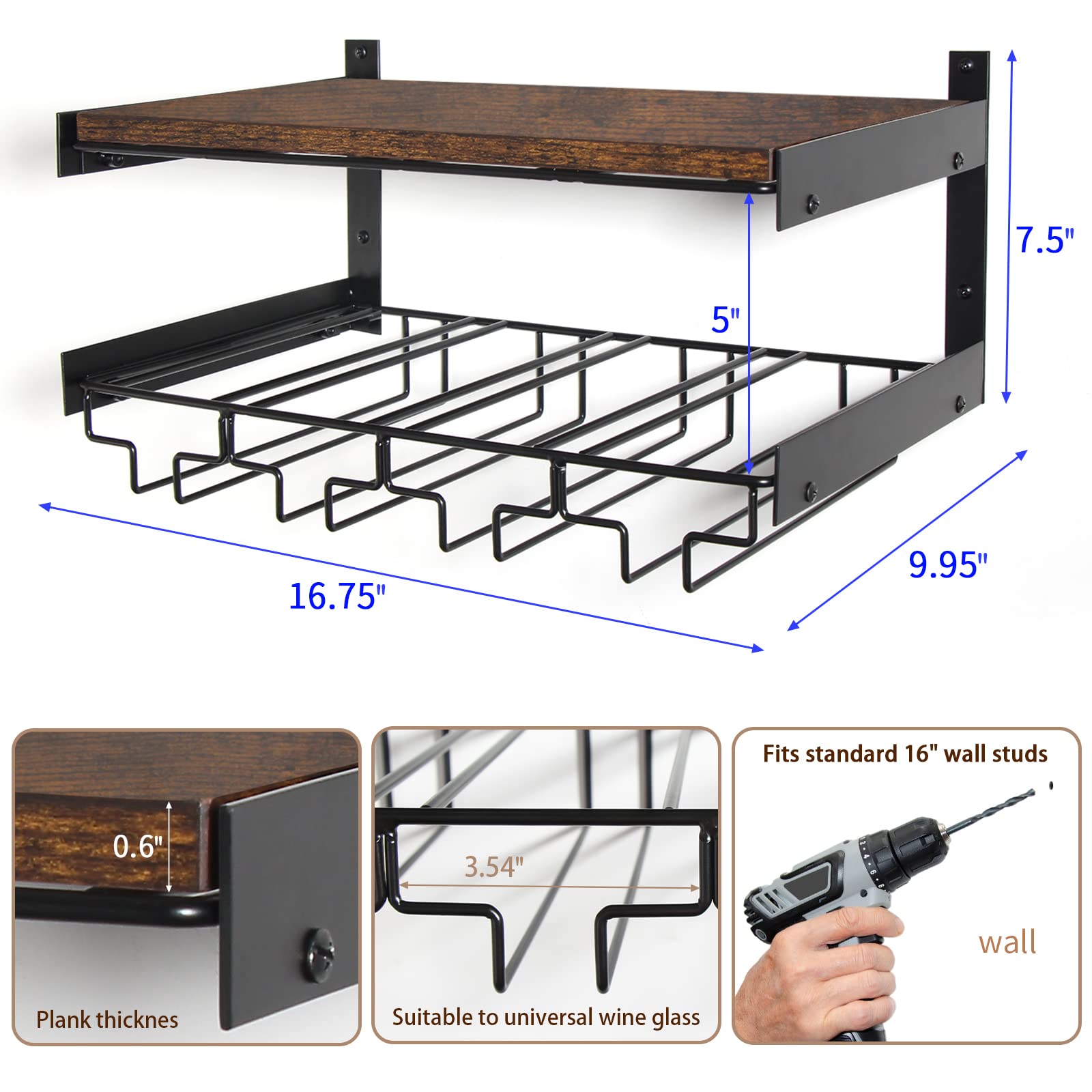B4Life Wine Rack Wall Mounted with Stemware Rack, Wine Glass Rack Wall Mounted,Holds 8 x Glasses and 7 x Wine Bottles, Industrial Wine Glass Rack Wall Wine Rack with Wine Glass Holder