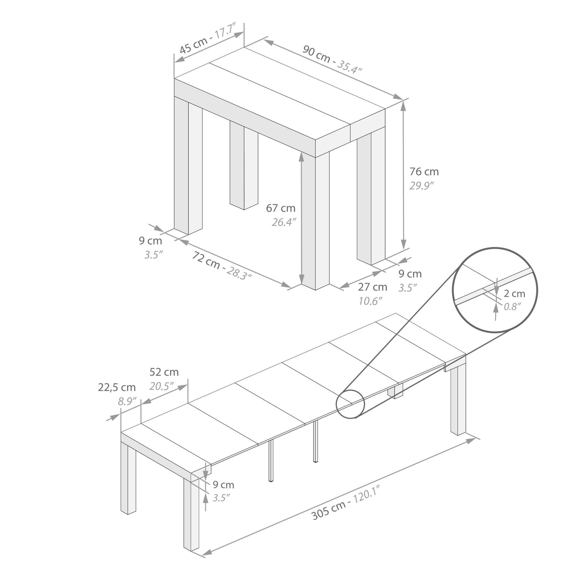 Mobili Fiver, First, Extendable Console Table 17.7(120) x35.4 in, High Gloss White, for 4-14 People, Space-Saving Dining Table, Italian Furniture
