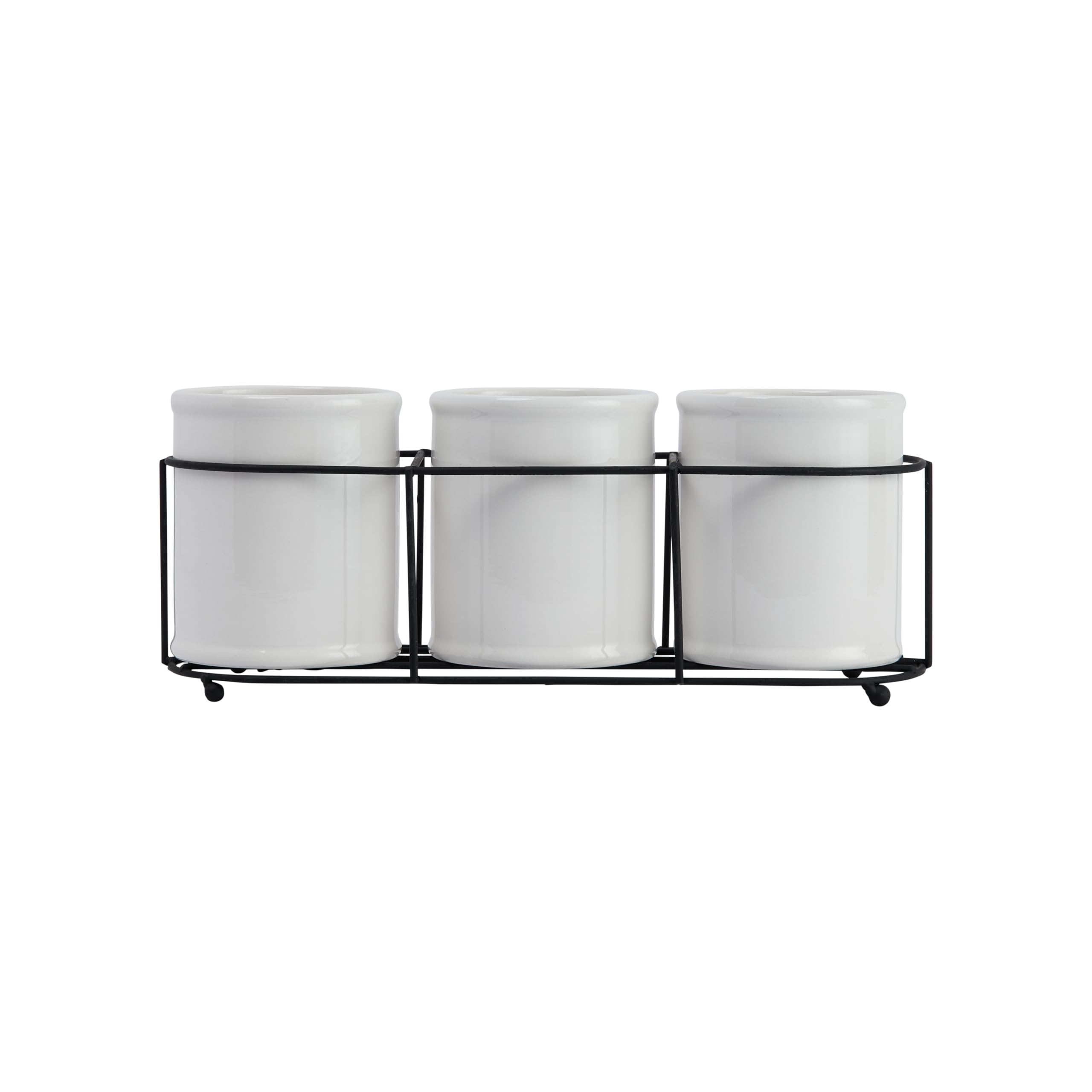 Creative Co-Op Farmhouse Ceramic Crocks in Metal Holder, White and Black