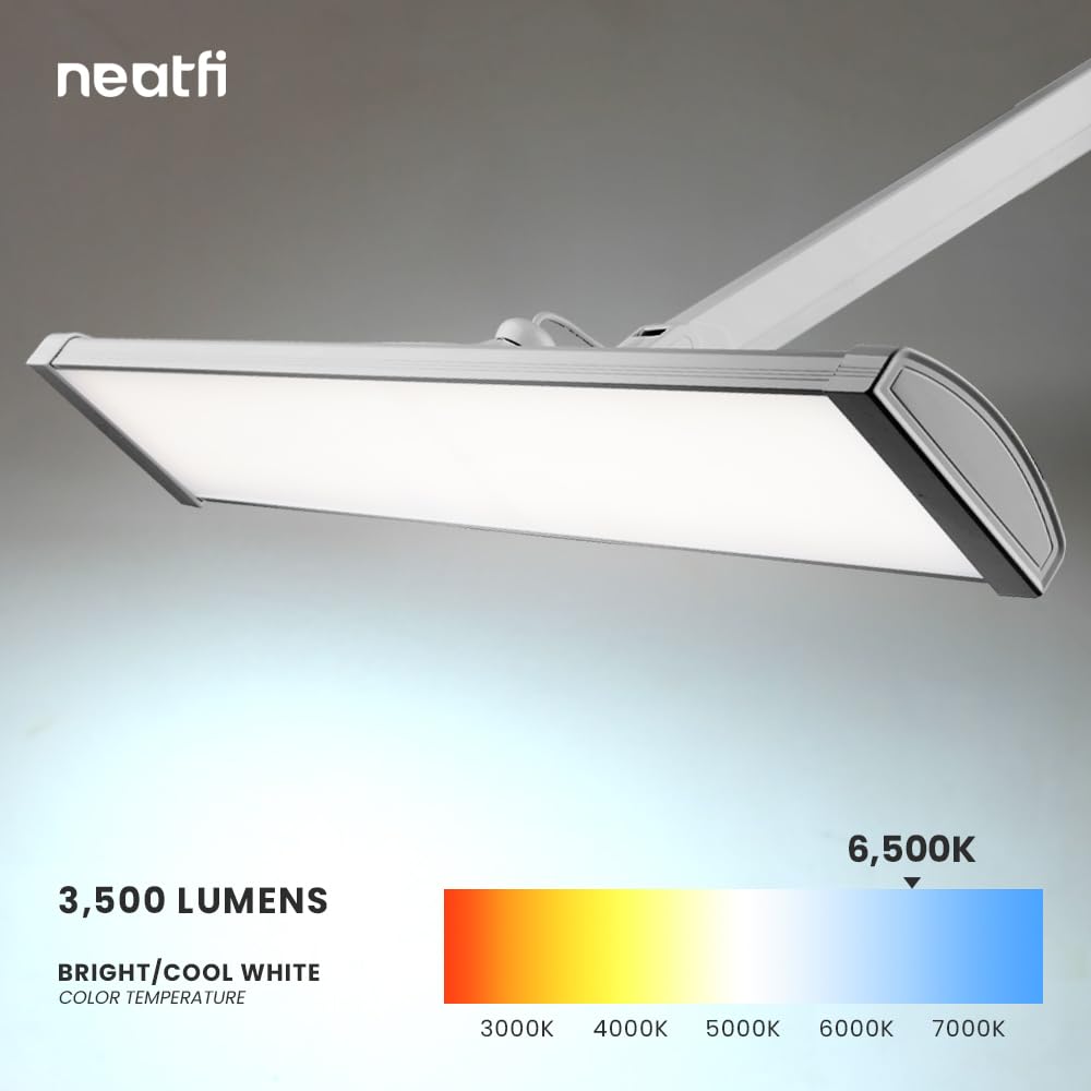 Neatfi Ultra 3,500 Lumen LED Desk Lamp, 45W, 26 Inch Wide Metal Shade, 270 SMD LEDs (Non-CCT with Clamp, Silver)
