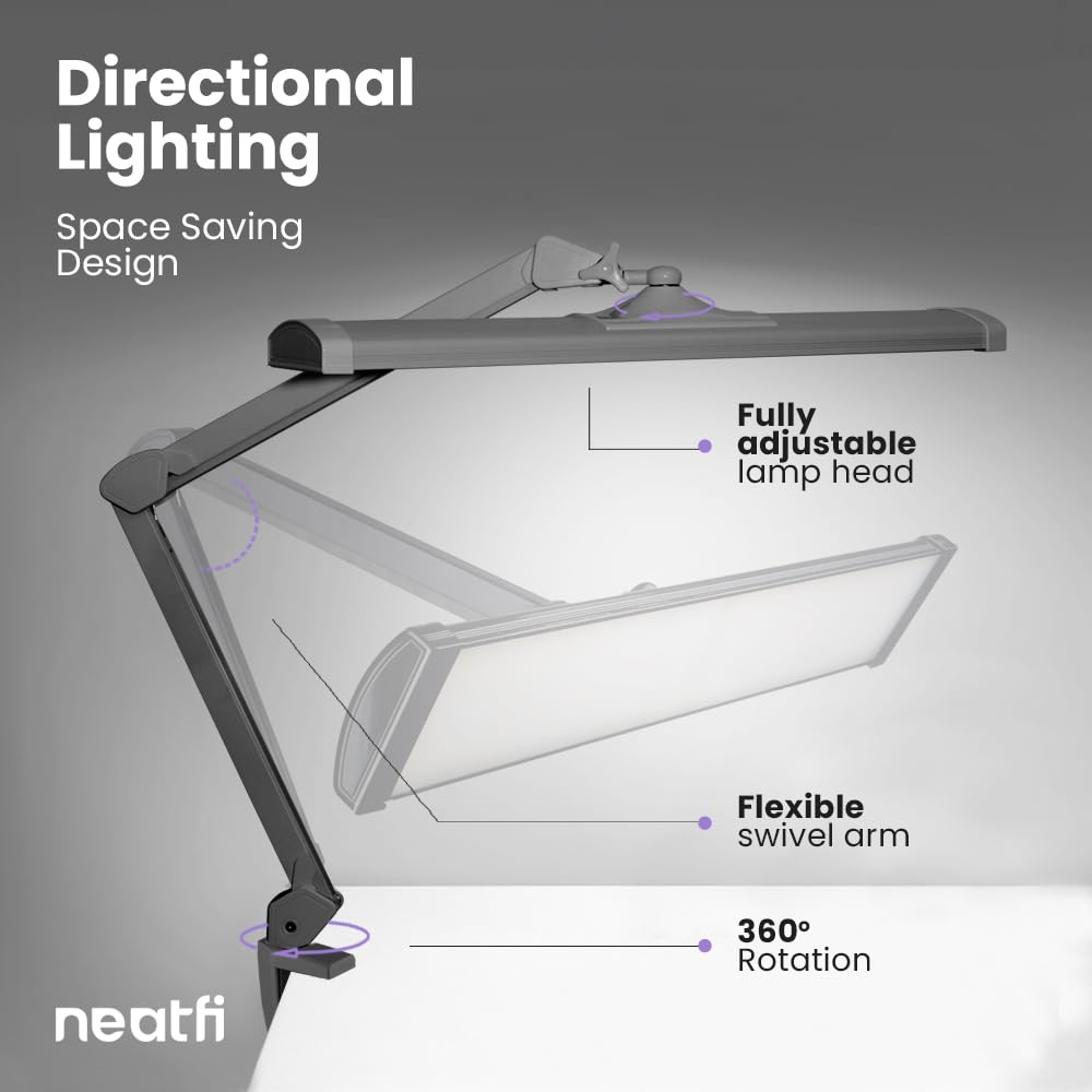 Neatfi Ultra 3,500 Lumen LED Desk Lamp, 45W, 26 Inch Wide Metal Shade, 270 SMD LEDs (Non-CCT with Clamp, Silver)