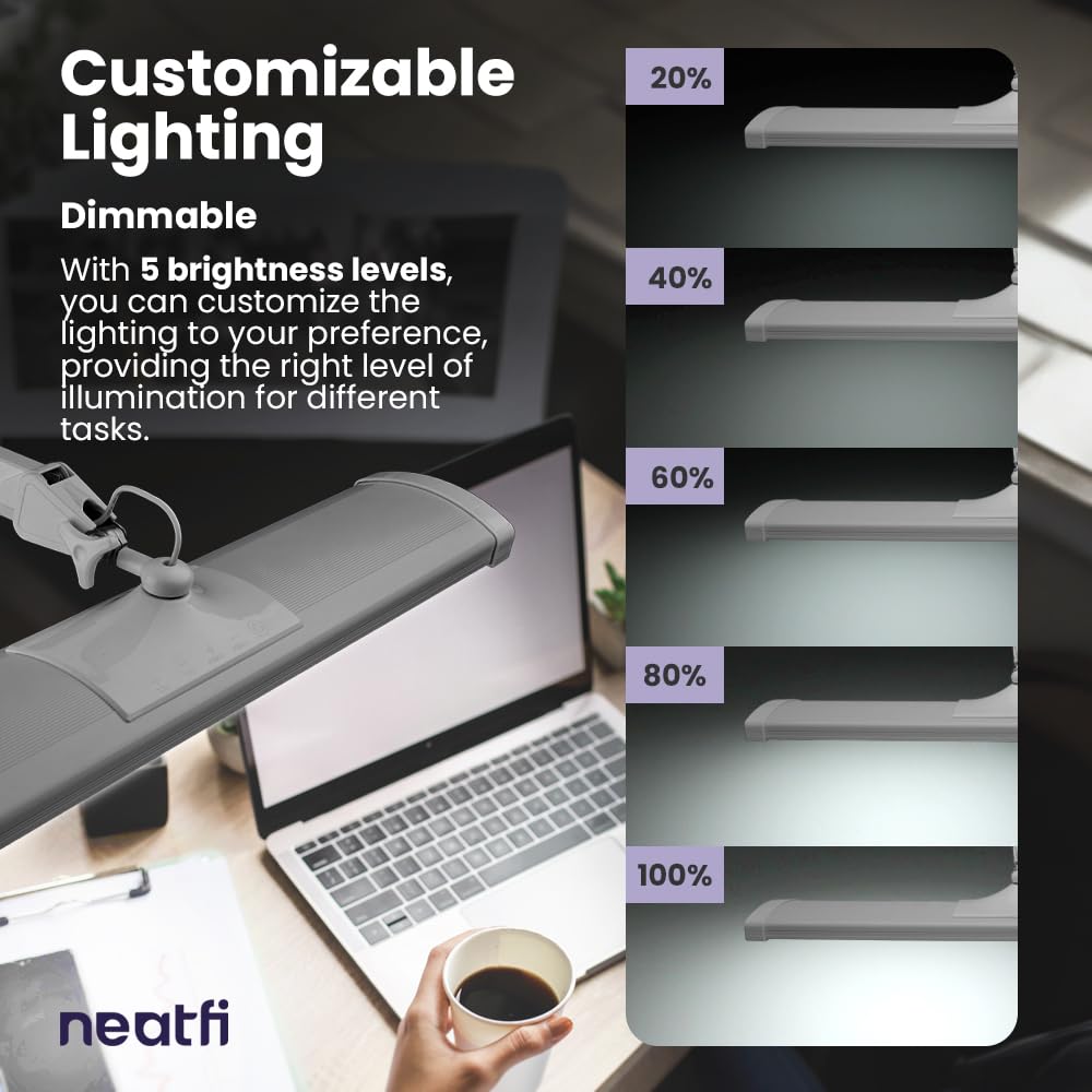 Neatfi Ultra 3,500 Lumen LED Desk Lamp, 45W, 26 Inch Wide Metal Shade, 270 SMD LEDs (Non-CCT with Clamp, Silver)