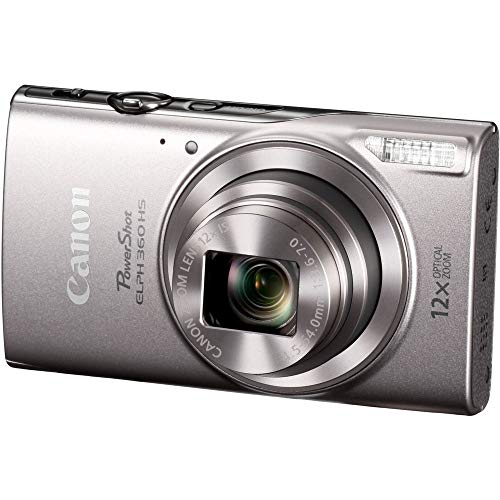 Canon PowerShot ELPH 360 HS Digital Camera (Silver) (1078C001) + 64GB Memory Card + Case + Card Reader + Flex Tripod + Memory Wallet + Cap Keeper + Cleaning Kit (Renewed)