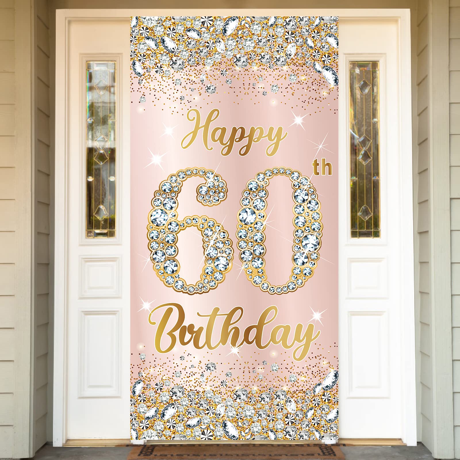 Happy 60th Birthday Door Banner Decorations for Women, Rose Gold 60 Birthday Party Door Cover Backdrop Sign Supplies, Pink Sixty Birthday Poster Decor for Indoor Outdoor Photo Booth Props