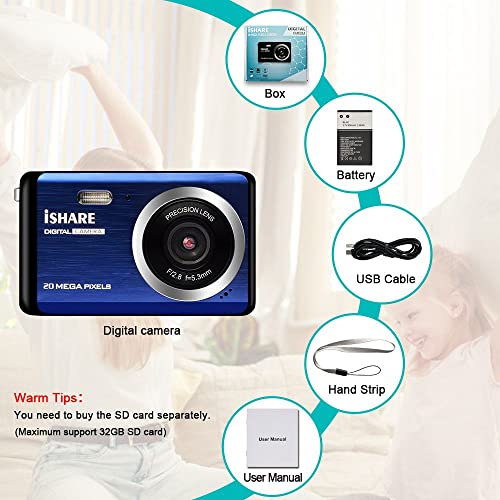 Digital Camera for Photography, Rechargeable 20MP Point and Shoot Camera with 2.8" LCD 8X Digital Zoom for Kids Teens Elders(Blue)