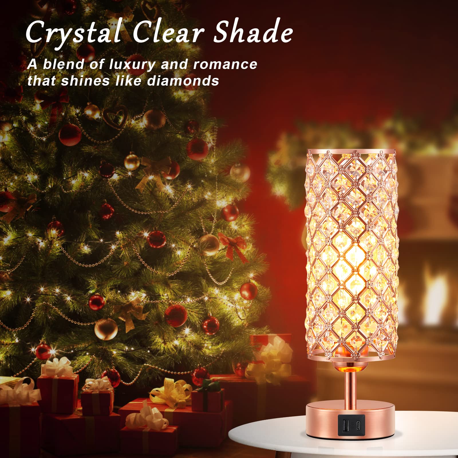 Hong-in Crystal Table Lamp, Rose Gold Lamp with USB Ports, 3 Way Dimmable Light with Crystal Lampshade, Bedside Lamp Small Touch Light for Living Room Bedroom Home, Charge Phone (Bulb Included)
