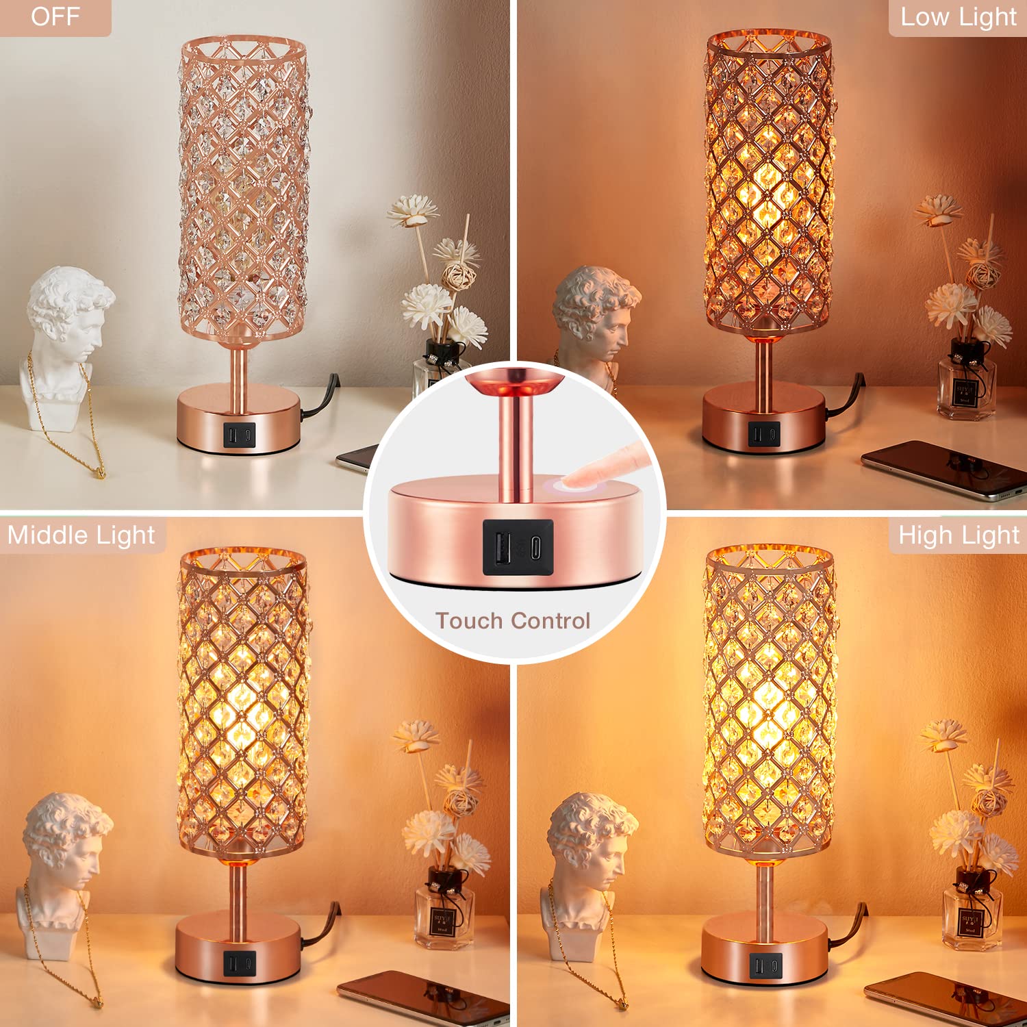 Hong-in Crystal Table Lamp, Rose Gold Lamp with USB Ports, 3 Way Dimmable Light with Crystal Lampshade, Bedside Lamp Small Touch Light for Living Room Bedroom Home, Charge Phone (Bulb Included)