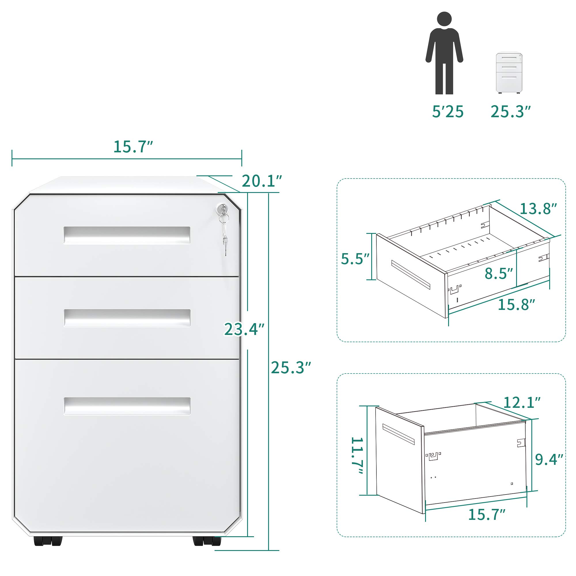 YITAHOME 3-Drawer Filing Cabinet Office Drawers with Lock, Divider and Pencil Tray, Portable Metal File Cabinet, Pre-Built Office Storage Cabinet (White)
