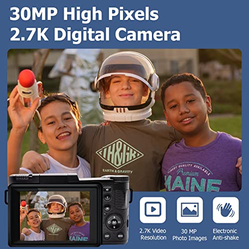 Digital Camera for Photography, Vlogging Camera with 2.7K Full HD, 30MP YouTube Camera with 180 Degree Rotation 3.0 Inch Flip Screen, 4P Lens, 32GB SD Card and 2 Batteries(Focus Fixed)