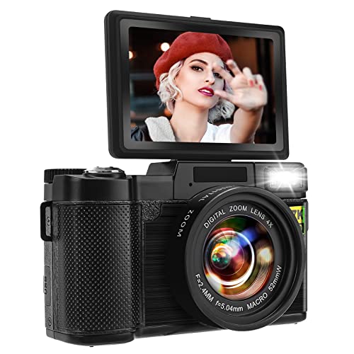 Digital Camera for Photography, Vlogging Camera with 2.7K Full HD, 30MP YouTube Camera with 180 Degree Rotation 3.0 Inch Flip Screen, 4P Lens, 32GB SD Card and 2 Batteries(Focus Fixed)