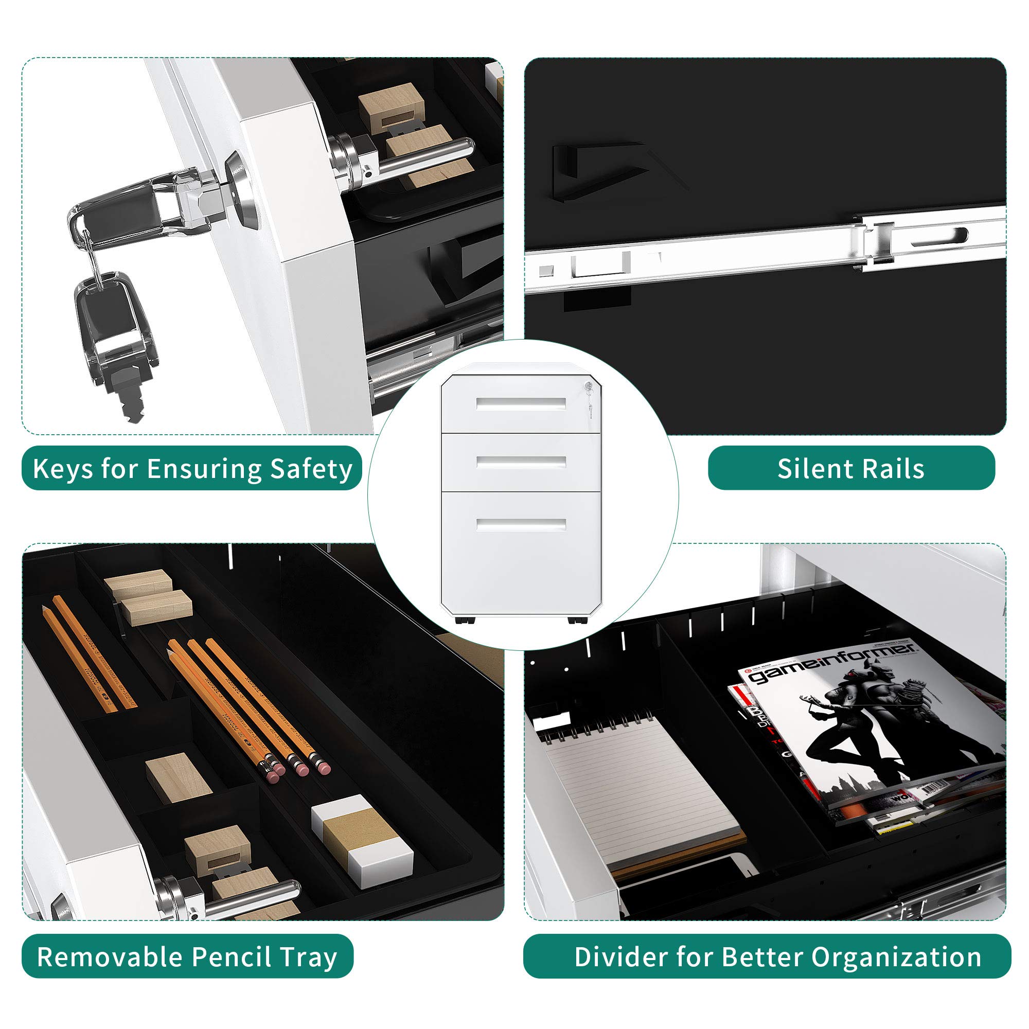 YITAHOME 3-Drawer Filing Cabinet Office Drawers with Lock, Divider and Pencil Tray, Portable Metal File Cabinet, Pre-Built Office Storage Cabinet (White)