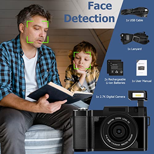 Digital Camera for Photography, Vlogging Camera with 2.7K Full HD, 30MP YouTube Camera with 180 Degree Rotation 3.0 Inch Flip Screen, 4P Lens, 32GB SD Card and 2 Batteries(Focus Fixed)