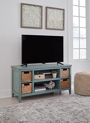 Signature Design by Ashley Mirimyn Casual TV Stand for TVs up to 54" with 4 Baskets and 3 Adjustable Shelves, Green & Light Brown