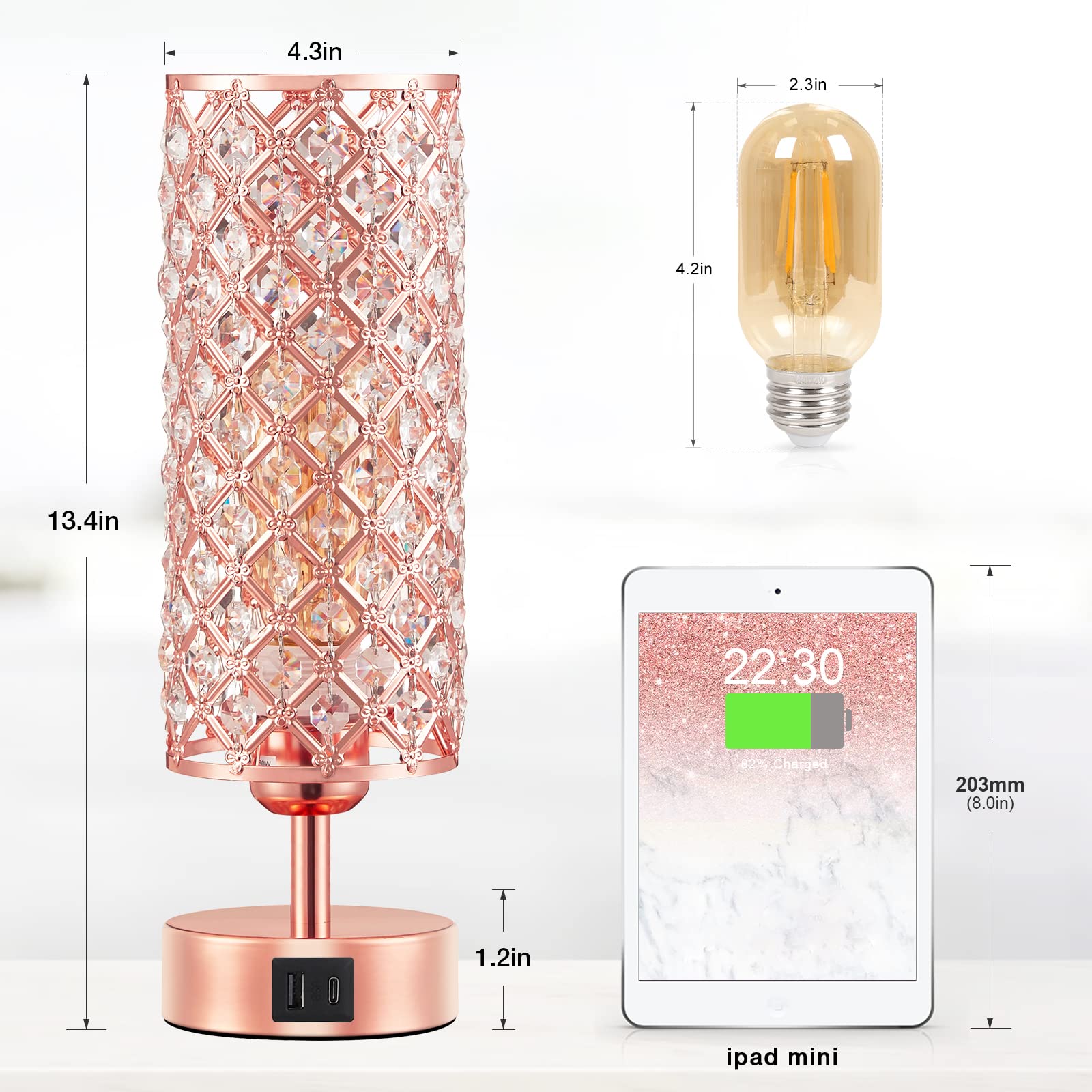Hong-in Crystal Table Lamp, Rose Gold Lamp with USB Ports, 3 Way Dimmable Light with Crystal Lampshade, Bedside Lamp Small Touch Light for Living Room Bedroom Home, Charge Phone (Bulb Included)