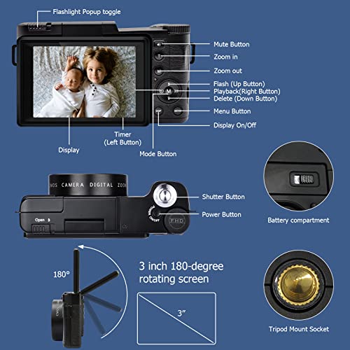 Digital Camera for Photography, Vlogging Camera with 2.7K Full HD, 30MP YouTube Camera with 180 Degree Rotation 3.0 Inch Flip Screen, 4P Lens, 32GB SD Card and 2 Batteries(Focus Fixed)