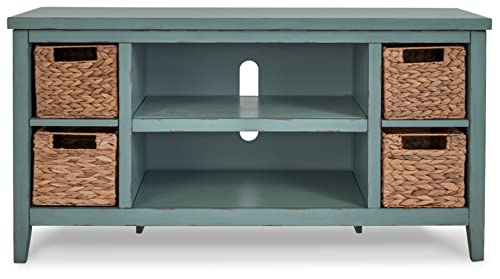 Signature Design by Ashley Mirimyn Casual TV Stand for TVs up to 54" with 4 Baskets and 3 Adjustable Shelves, Green & Light Brown
