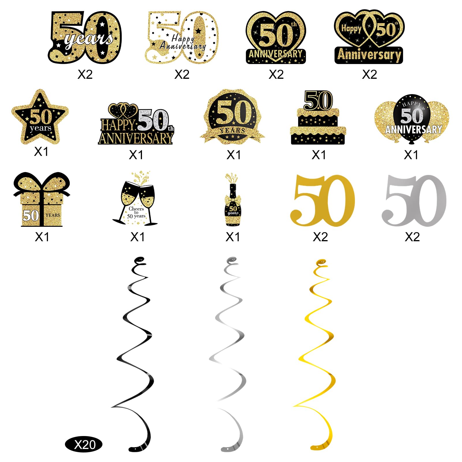 30pcs 50th Anniversary Decorations Hanging Swirl Party Supplies, Happy 50th Wedding Anniversary Hanging Swirl Decorations, Black Gold 50 Year Anniversary Theme Decor Sign