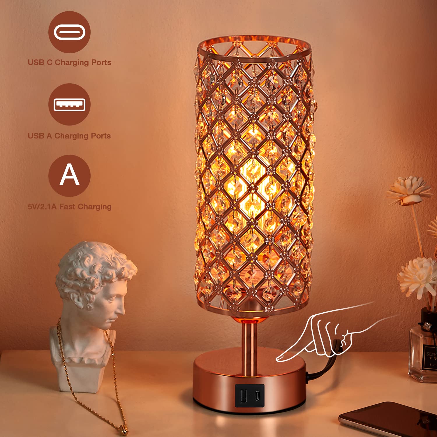Hong-in Crystal Table Lamp, Rose Gold Lamp with USB Ports, 3 Way Dimmable Light with Crystal Lampshade, Bedside Lamp Small Touch Light for Living Room Bedroom Home, Charge Phone (Bulb Included)