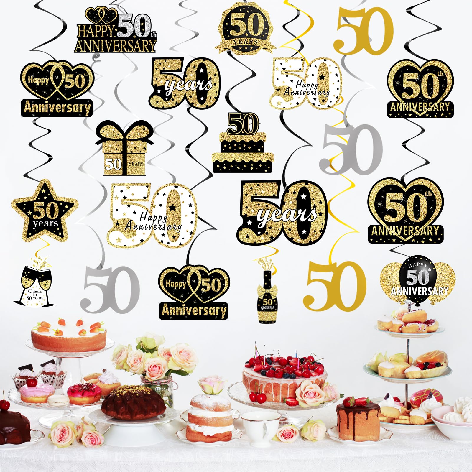 30pcs 50th Anniversary Decorations Hanging Swirl Party Supplies, Happy 50th Wedding Anniversary Hanging Swirl Decorations, Black Gold 50 Year Anniversary Theme Decor Sign
