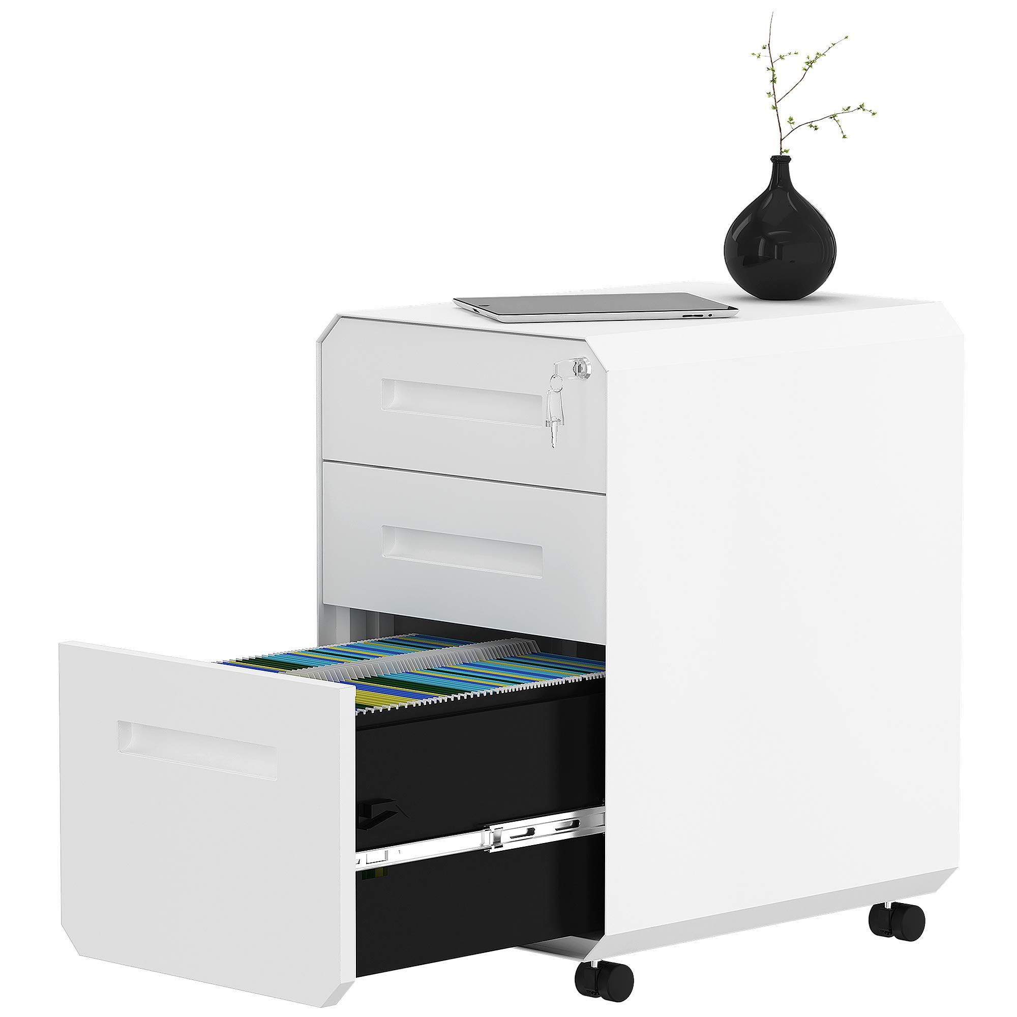 YITAHOME 3-Drawer Filing Cabinet Office Drawers with Lock, Divider and Pencil Tray, Portable Metal File Cabinet, Pre-Built Office Storage Cabinet (White)