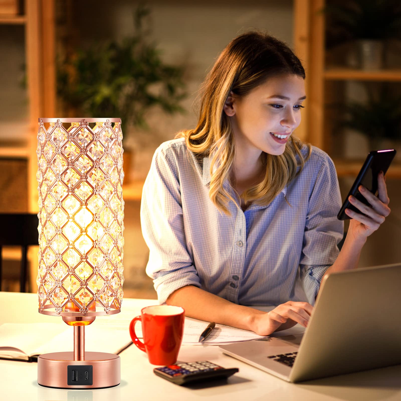 Hong-in Crystal Table Lamp, Rose Gold Lamp with USB Ports, 3 Way Dimmable Light with Crystal Lampshade, Bedside Lamp Small Touch Light for Living Room Bedroom Home, Charge Phone (Bulb Included)