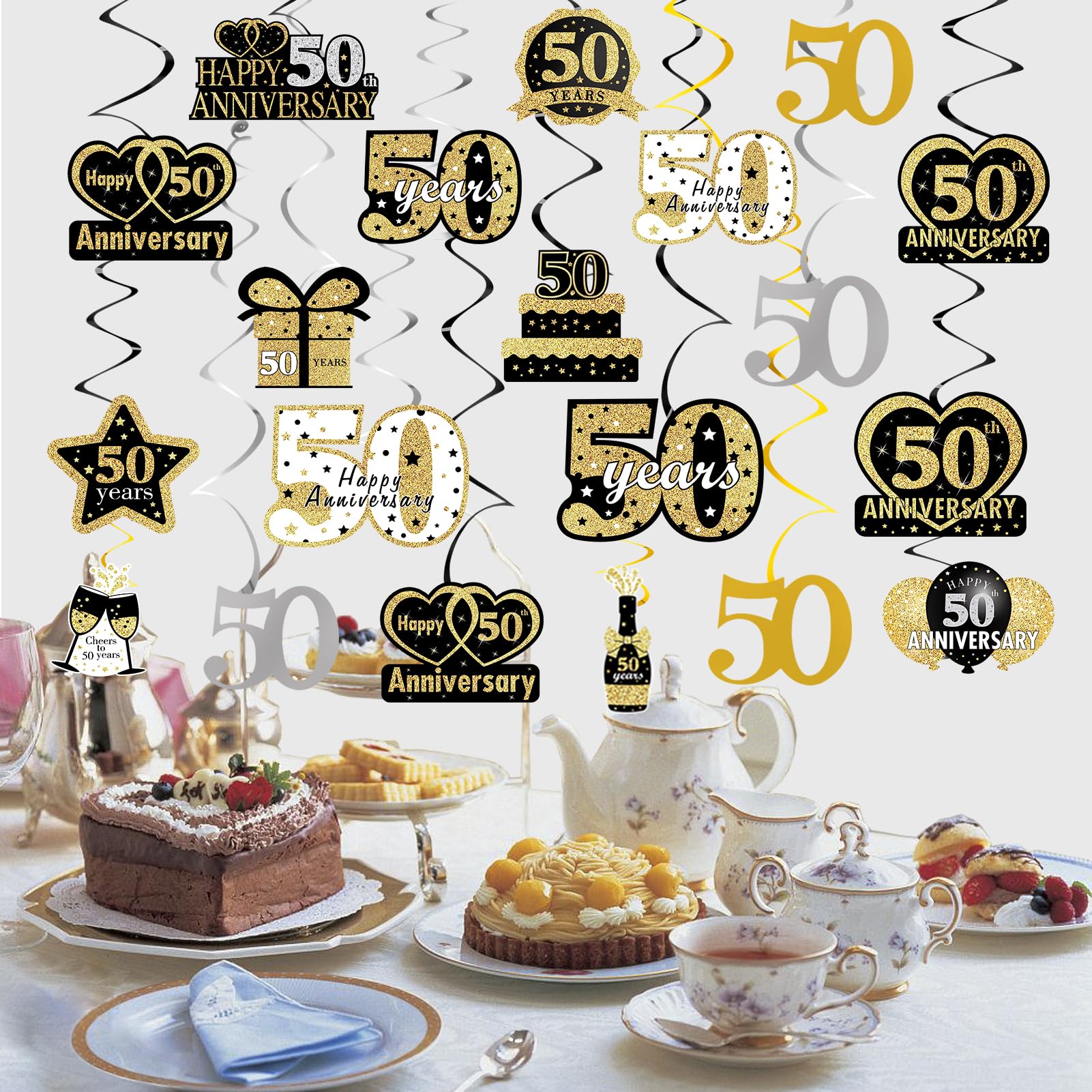 30pcs 50th Anniversary Decorations Hanging Swirl Party Supplies, Happy 50th Wedding Anniversary Hanging Swirl Decorations, Black Gold 50 Year Anniversary Theme Decor Sign