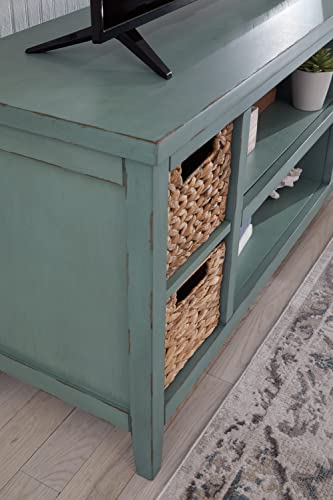 Signature Design by Ashley Mirimyn Casual TV Stand for TVs up to 54" with 4 Baskets and 3 Adjustable Shelves, Green & Light Brown
