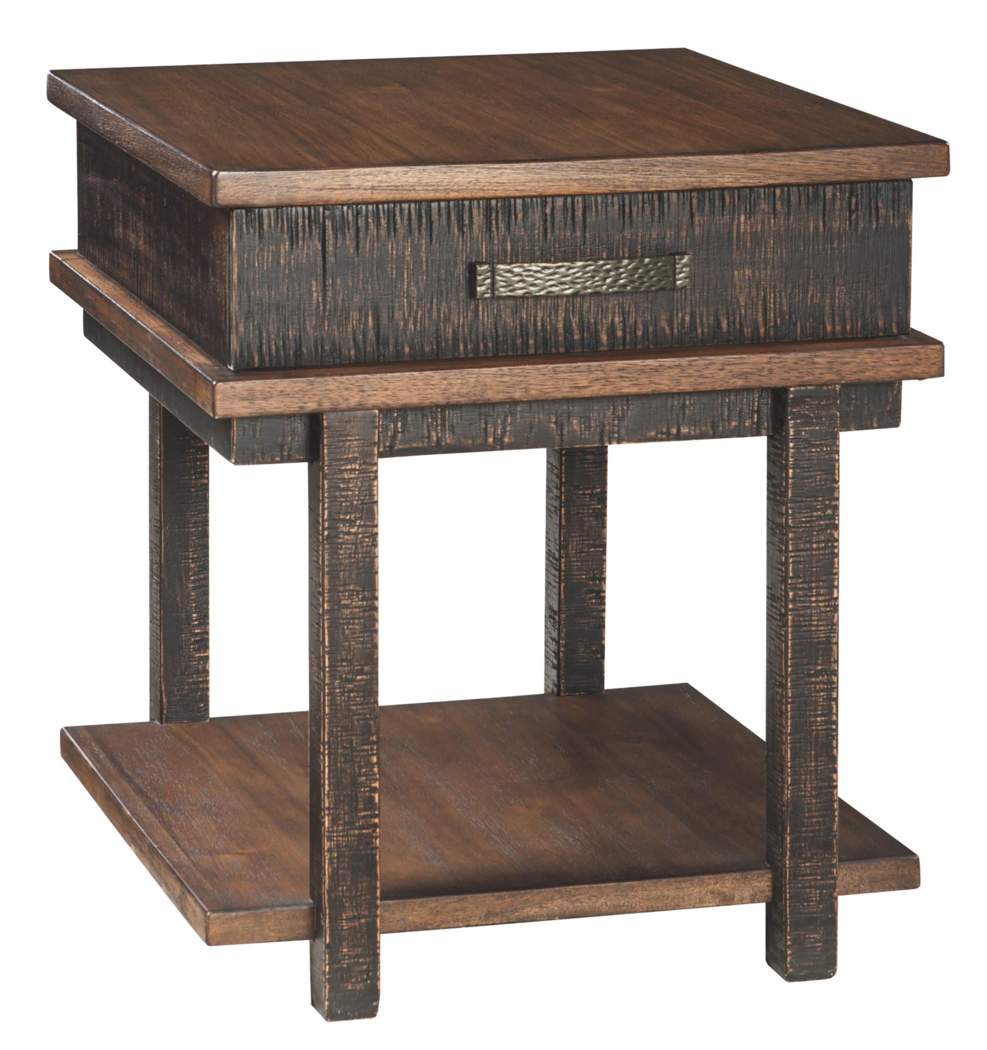 Signature Design by Ashley Stanah Rustic Rectangular End Table with 1 Drawer and Floor Shelf for Storage, Brown with Distressed Finish