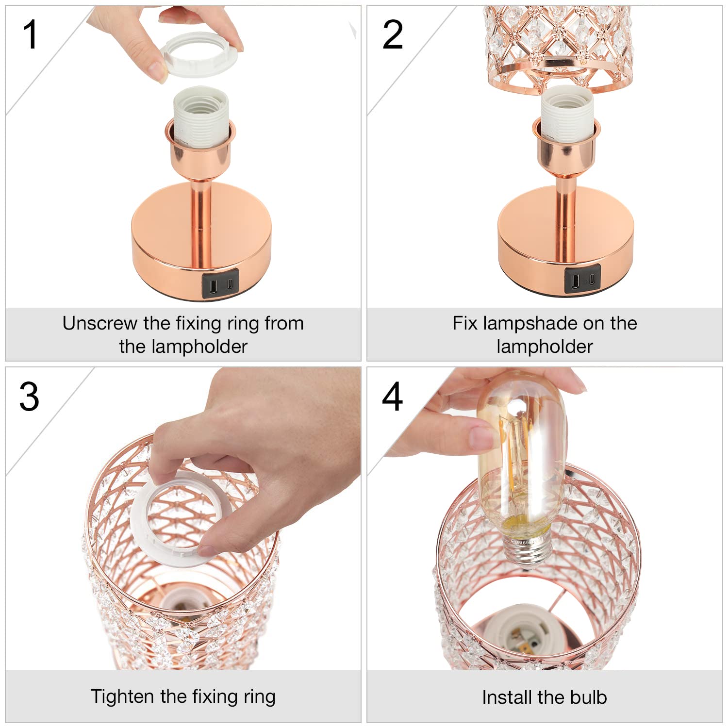 Hong-in Crystal Table Lamp, Rose Gold Lamp with USB Ports, 3 Way Dimmable Light with Crystal Lampshade, Bedside Lamp Small Touch Light for Living Room Bedroom Home, Charge Phone (Bulb Included)