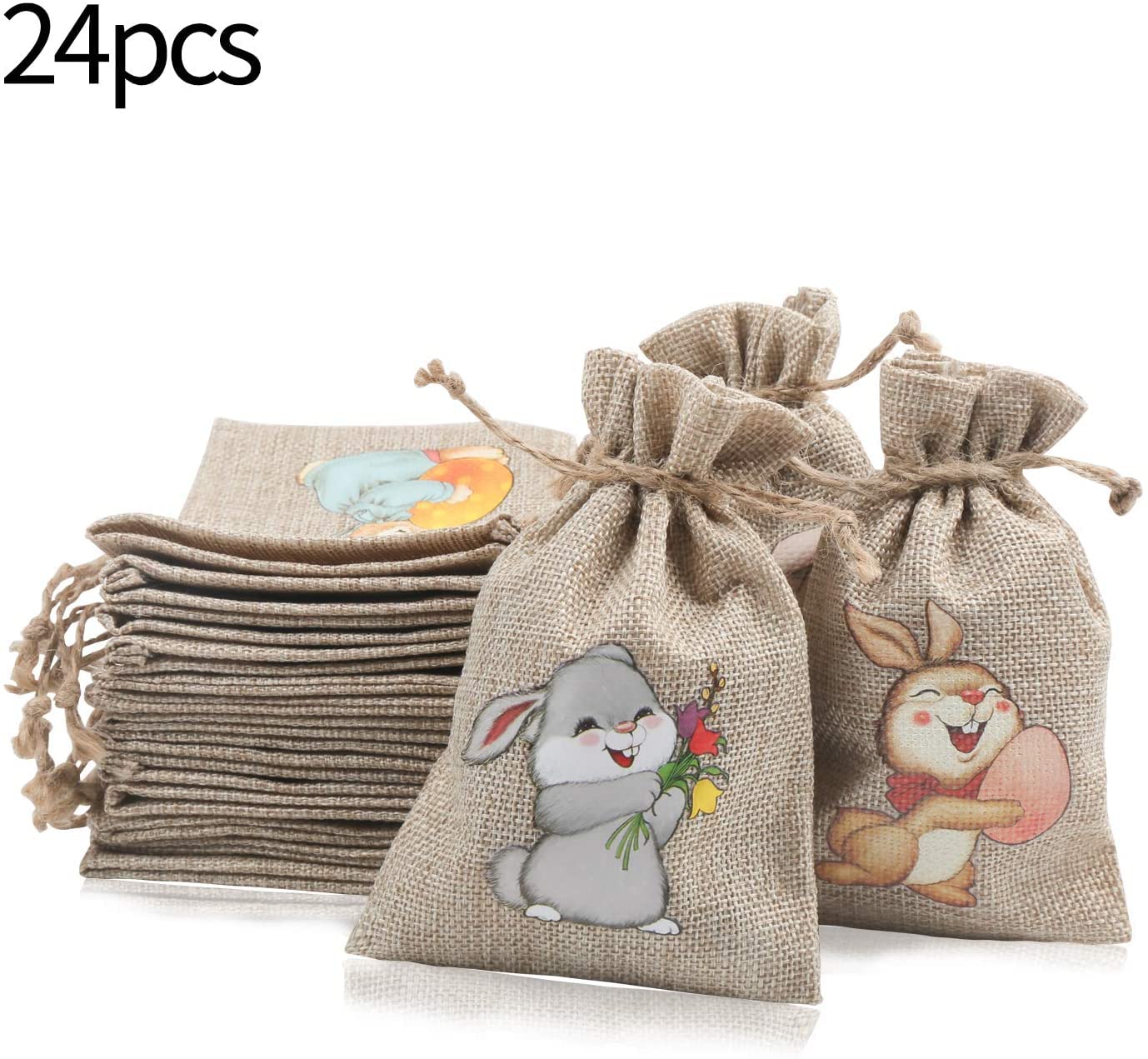 STEFORD Easter Burlap Drawstring Gift Bags,24 PCS Easter Jute Linen Burlap Treat Candy Bags for Easter Favors Supplies