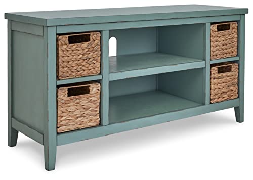 Signature Design by Ashley Mirimyn Casual TV Stand for TVs up to 54" with 4 Baskets and 3 Adjustable Shelves, Green & Light Brown