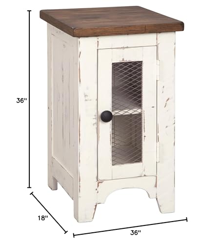 Signature Design by Ashley Wystfield Farmhouse Square Storage Coffee Table with Hinged Lift Top, Distressed White and Chair Side End Table with Cabinet Door for Storage, White & Brown