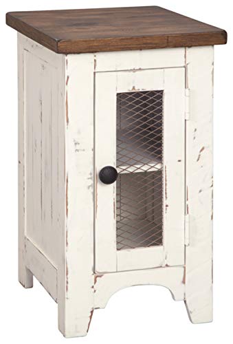 Signature Design by Ashley Wystfield Farmhouse Square Storage Coffee Table with Hinged Lift Top, Distressed White and Chair Side End Table with Cabinet Door for Storage, White & Brown
