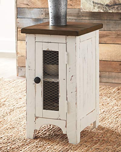 Signature Design by Ashley Wystfield Farmhouse Square Storage Coffee Table with Hinged Lift Top, Distressed White and Chair Side End Table with Cabinet Door for Storage, White & Brown