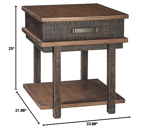 Signature Design by Ashley Stanah Rustic Rectangular End Table with 1 Drawer and Floor Shelf for Storage, Brown with Distressed Finish