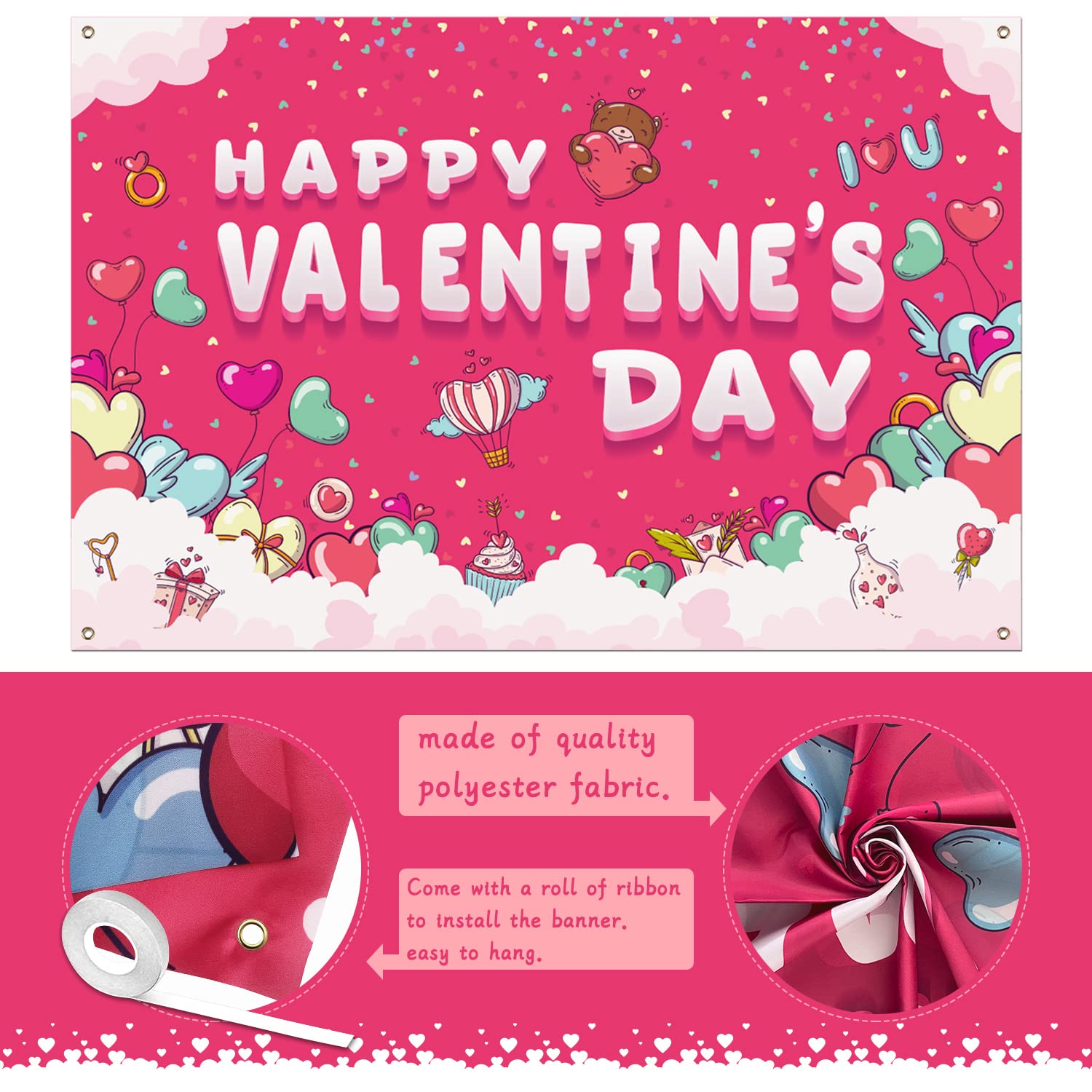 Valentine's Day Backdrop Banner Gatherfun Red Pink Love Heart Party Decorations Large Photography Background for Valentine's Day Party