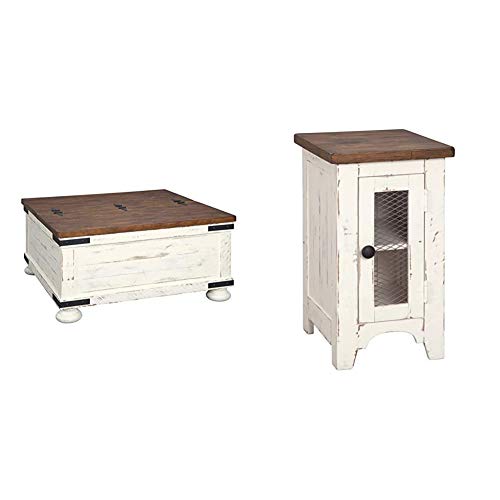 Signature Design by Ashley Wystfield Farmhouse Square Storage Coffee Table with Hinged Lift Top, Distressed White and Chair Side End Table with Cabinet Door for Storage, White & Brown
